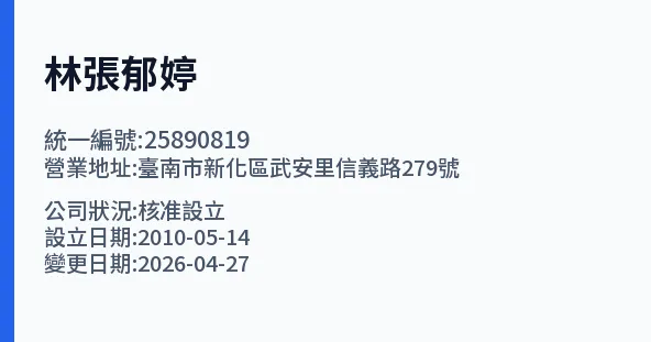 林張郁婷的照片-統編 25890819(臺南市) 公司登記資料與營業項目詳細圖表