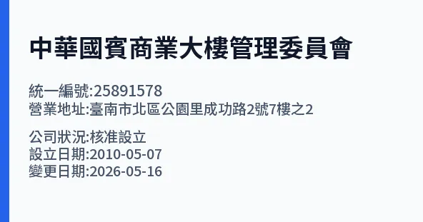 中華國賓商業大樓管理委員會的照片-統編 25891578(臺南市) 公司登記資料與營業項目詳細圖表
