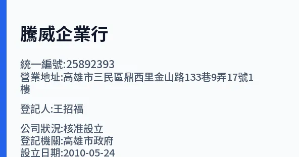 騰威企業行的照片-統編 25892393(高雄市) 公司登記資料與營業項目詳細圖表