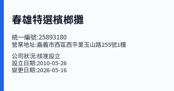 春雄特選檳榔攤的照片-統編 25893180(嘉義市) 公司登記資料與營業項目詳細圖表