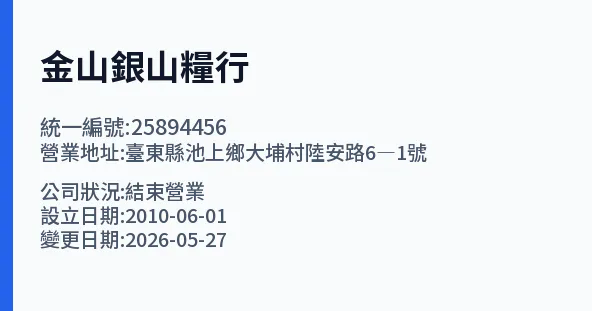 金山銀山糧行的照片-統編 25894456(臺東縣) 公司登記資料與營業項目詳細圖表