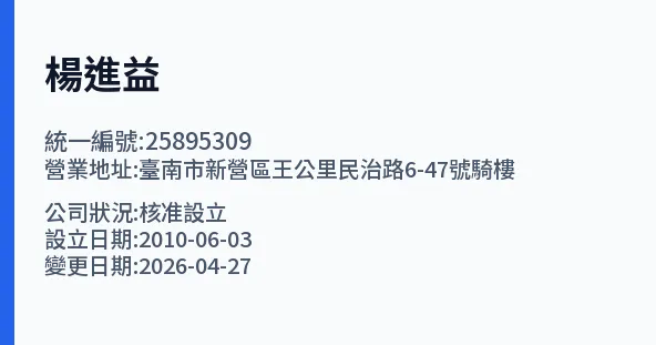 楊進益的照片-統編 25895309(臺南市) 公司登記資料與營業項目詳細圖表