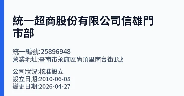 統一超商股份有限公司信雄門市部的照片-統編 25896948(臺南市) 公司登記資料與營業項目詳細圖表
