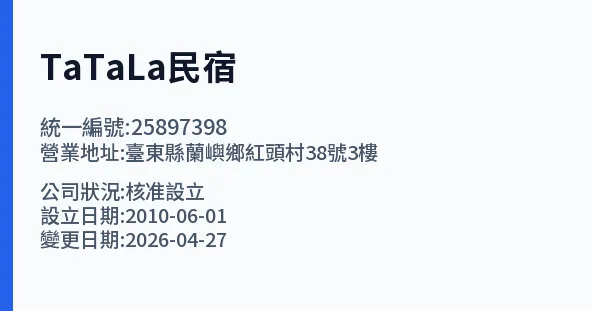 TaTaLa民宿的照片-統編 25897398(臺東縣) 公司登記資料與營業項目詳細圖表