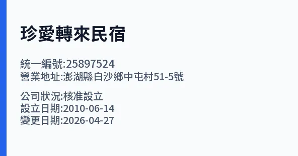 珍愛轉來民宿的照片-統編 25897524(澎湖縣) 公司登記資料與營業項目詳細圖表