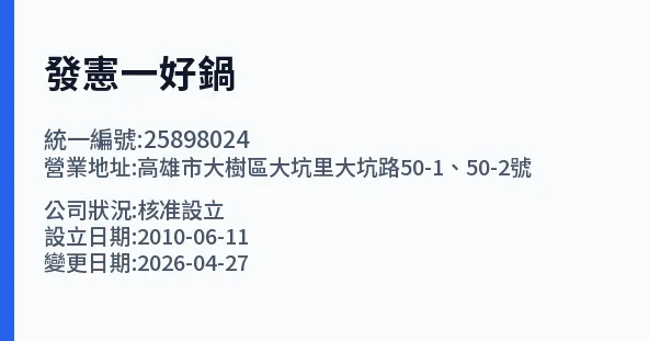 發憲一好鍋的照片-統編 25898024(高雄市) 公司登記資料與營業項目詳細圖表
