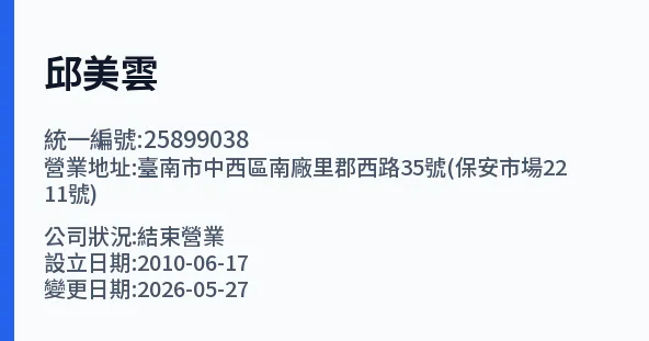 邱美雲的照片-統編 25899038(臺南市) 公司登記資料與營業項目詳細圖表