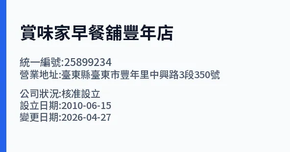 賞味家早餐舖豐年店的照片-統編 25899234(臺東縣) 公司登記資料與營業項目詳細圖表