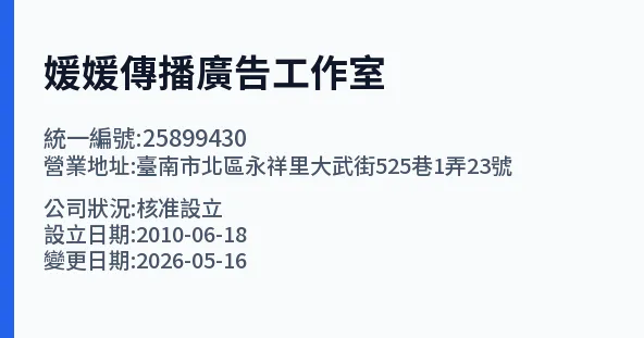 媛媛傳播廣告工作室的照片-統編 25899430(臺南市) 公司登記資料與營業項目詳細圖表
