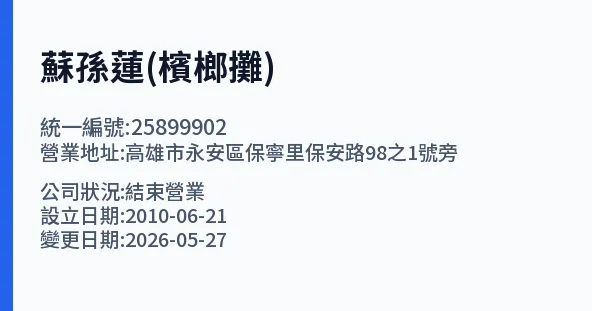 蘇孫蓮(檳榔攤)的照片-統編 25899902(高雄市) 公司登記資料與營業項目詳細圖表