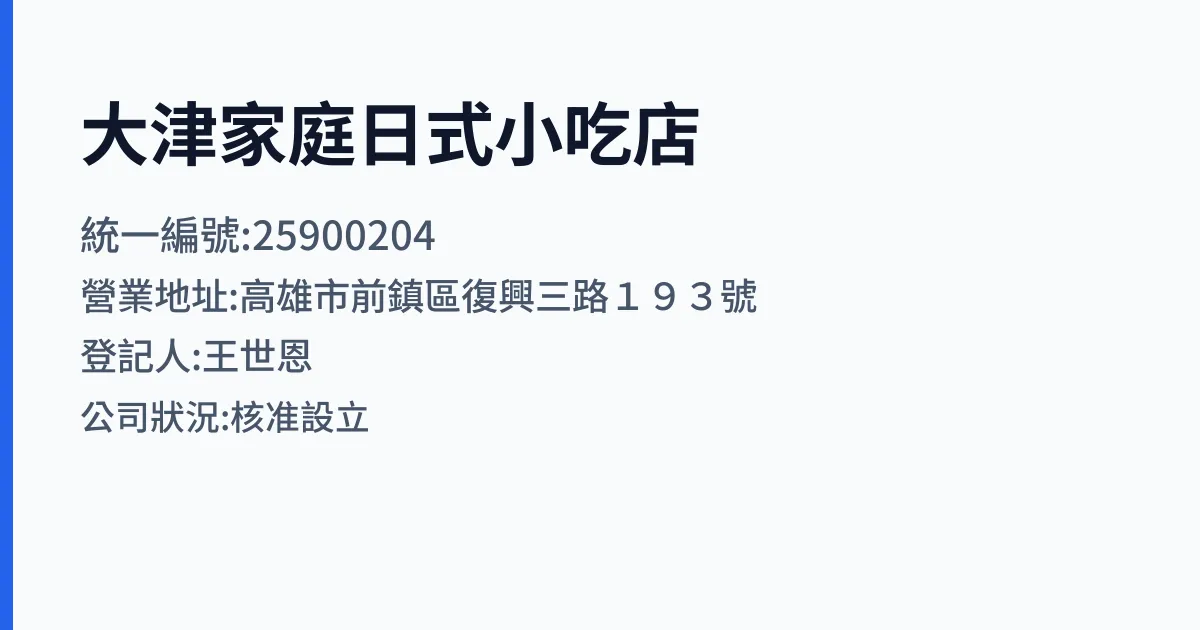 大津家庭日式小吃店 - 統編 25900204(高雄市) 公司登記資料與營業項目詳細圖表