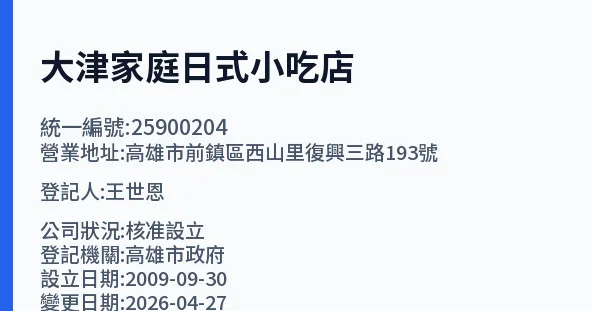 大津家庭日式小吃店的照片-統編 25900204(高雄市) 公司登記資料與營業項目詳細圖表