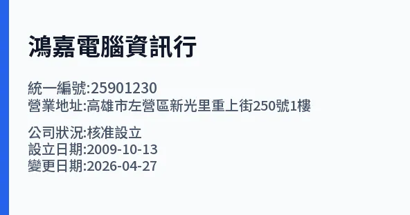 鴻嘉電腦資訊行的照片-統編 25901230(高雄市) 公司登記資料與營業項目詳細圖表
