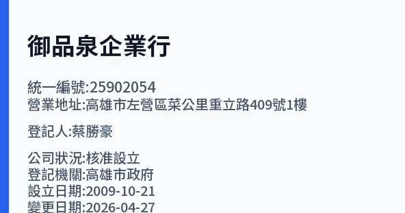 御品泉企業行的照片-統編 25902054(高雄市) 公司登記資料與營業項目詳細圖表