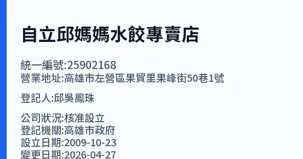 自立邱媽媽水餃專賣店的照片-統編 25902168(高雄市) 公司登記資料與營業項目詳細圖表