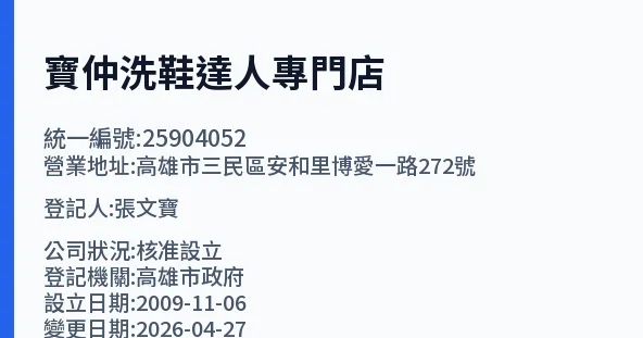 寶仲洗鞋達人專門店的照片-統編 25904052(高雄市) 公司登記資料與營業項目詳細圖表