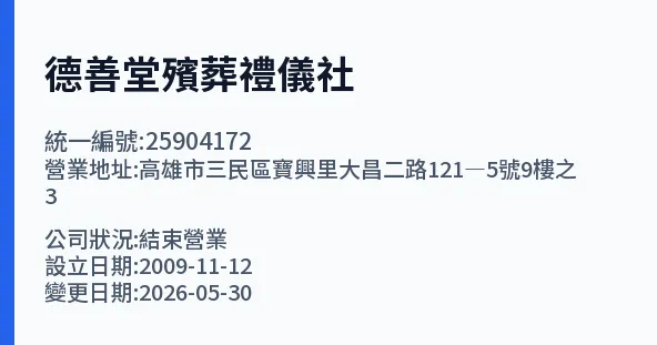 德善堂殯葬禮儀社的照片-統編 25904172(高雄市) 公司登記資料與營業項目詳細圖表