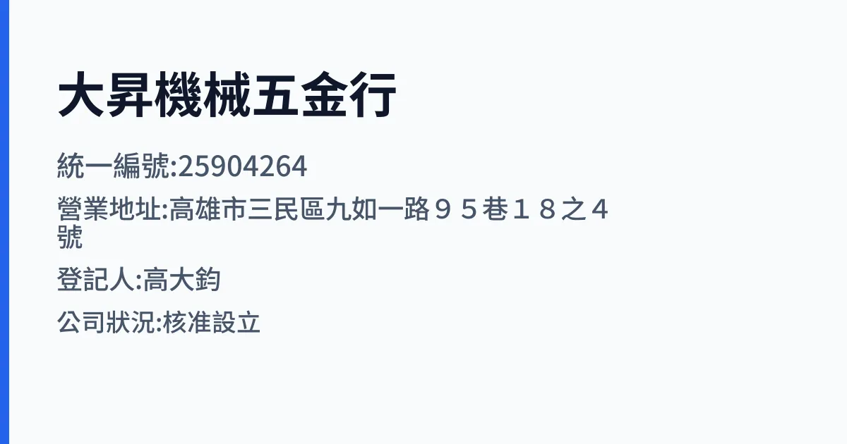 大昇機械五金行 - 統編 25904264(高雄市) 公司登記資料與營業項目詳細圖表