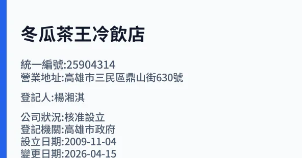 冬瓜茶王冷飲店的照片-統編 25904314(高雄市) 公司登記資料與營業項目詳細圖表