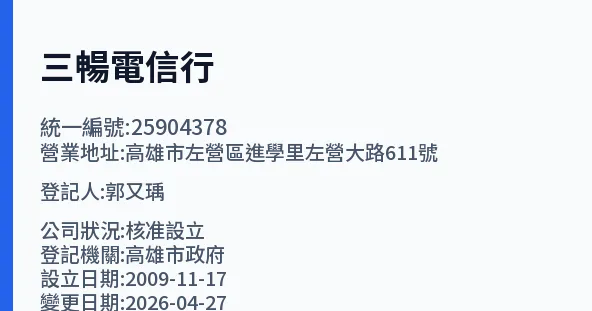 三暢電信行的照片-統編 25904378(高雄市) 公司登記資料與營業項目詳細圖表
