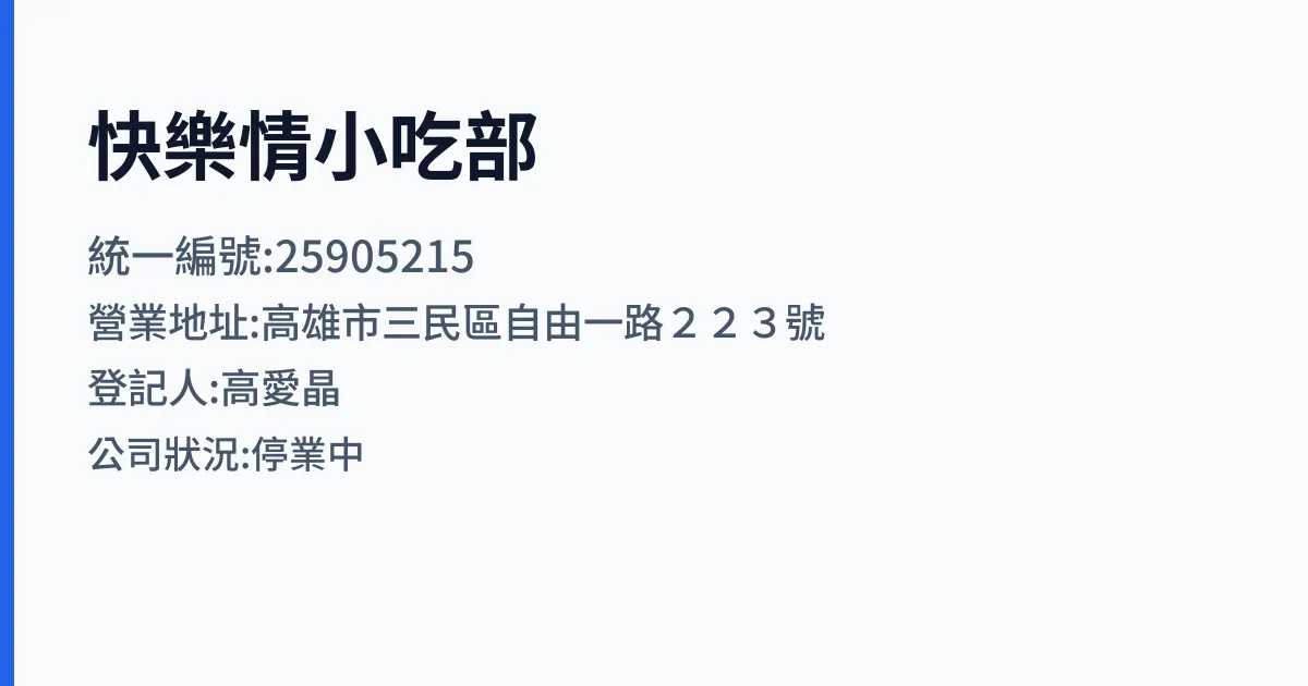 快樂情小吃部 - 統編 25905215(高雄市) 公司登記資料與營業項目詳細圖表