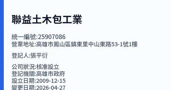 聯益土木包工業的照片-統編 25907086(高雄市) 公司登記資料與營業項目詳細圖表