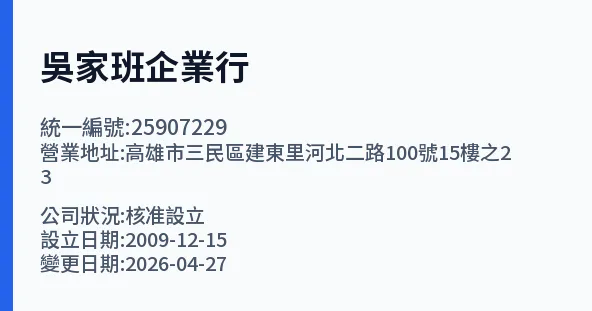 吳家班企業行的照片-統編 25907229(高雄市) 公司登記資料與營業項目詳細圖表