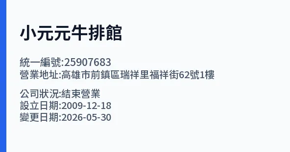 小元元牛排館的照片-統編 25907683(高雄市) 公司登記資料與營業項目詳細圖表
