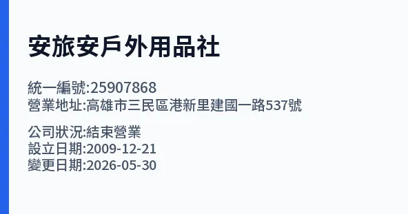 安旅安戶外用品社的照片-統編 25907868(高雄市) 公司登記資料與營業項目詳細圖表