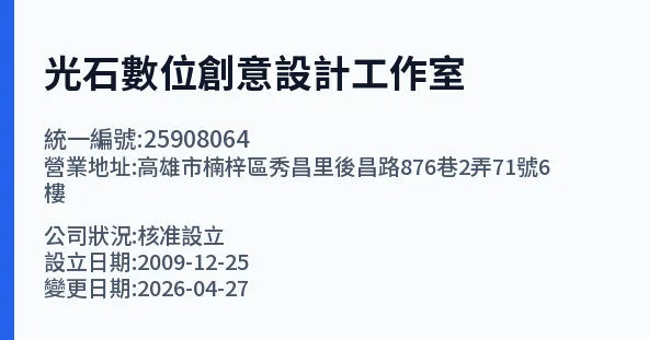 光石數位創意設計工作室的照片-統編 25908064(高雄市) 公司登記資料與營業項目詳細圖表