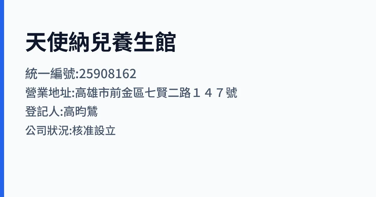 天使納兒養生館 - 統編 25908162(高雄市) 公司登記資料與營業項目詳細圖表