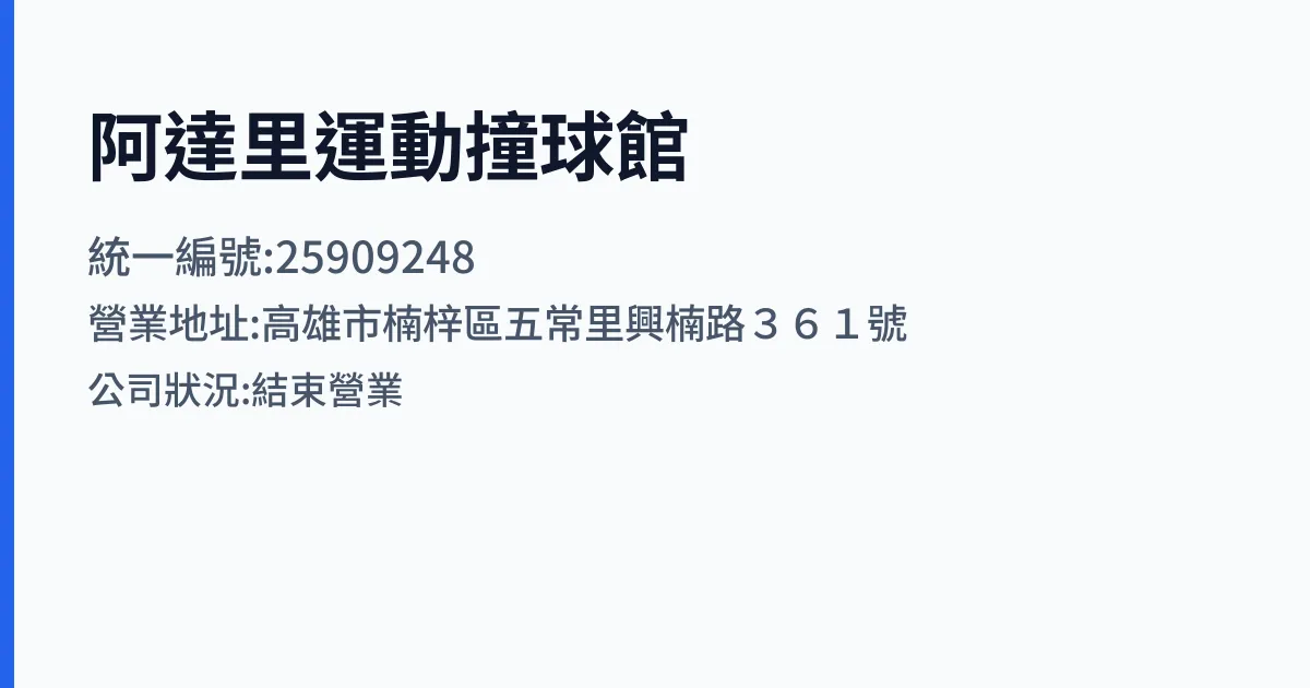 阿達里運動撞球館 - 統編 25909248(高雄市) 公司登記資料與營業項目詳細圖表