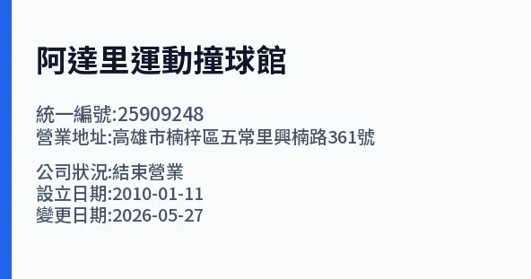 阿達里運動撞球館的照片-統編 25909248(高雄市) 公司登記資料與營業項目詳細圖表