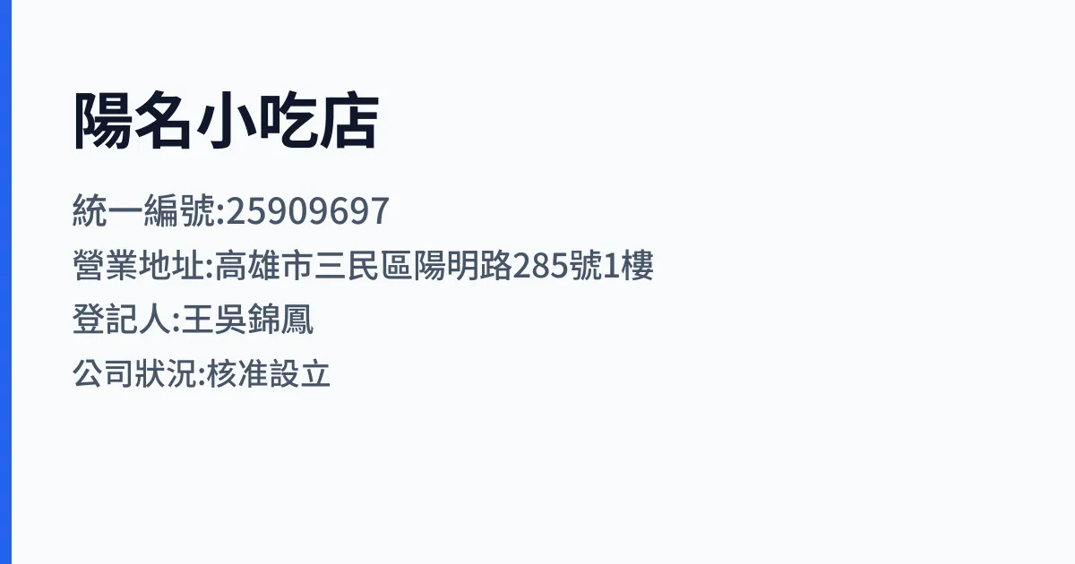 陽名小吃店 - 統編 25909697(高雄市) 公司登記資料與營業項目詳細圖表