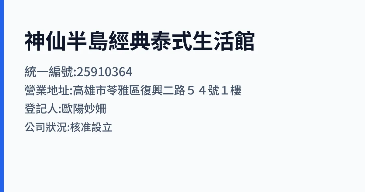 神仙半島經典泰式生活館 - 統編 25910364(高雄市) 公司登記資料與營業項目詳細圖表