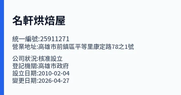 名軒烘焙屋的照片-統編 25911271(高雄市) 公司登記資料與營業項目詳細圖表
