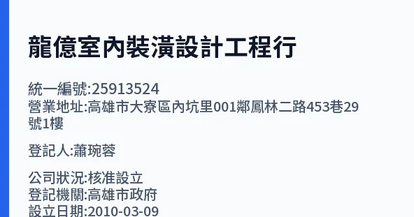 龍億室內裝潢設計工程行的照片-統編 25913524(高雄市) 公司登記資料與營業項目詳細圖表