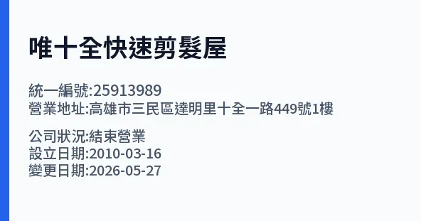 唯十全快速剪髮屋的照片-統編 25913989(高雄市) 公司登記資料與營業項目詳細圖表