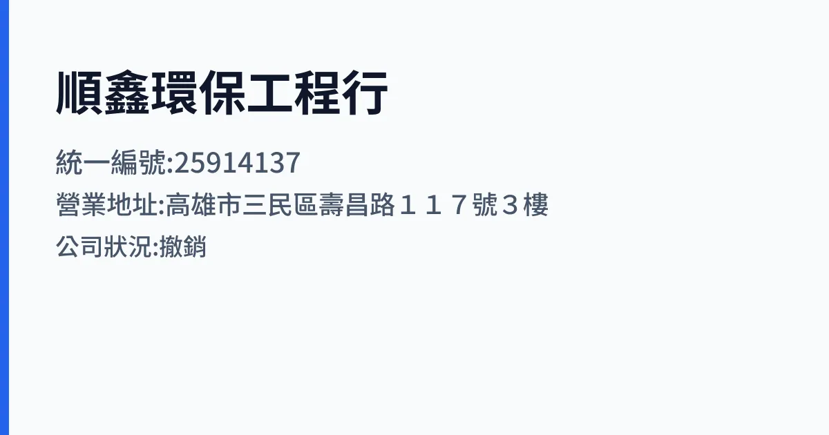 順鑫環保工程行 - 統編 25914137(高雄市) 公司登記資料與營業項目詳細圖表
