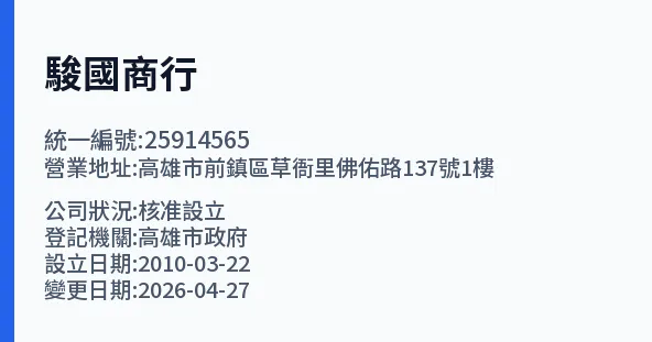 駿國商行的照片-統編 25914565(高雄市) 公司登記資料與營業項目詳細圖表