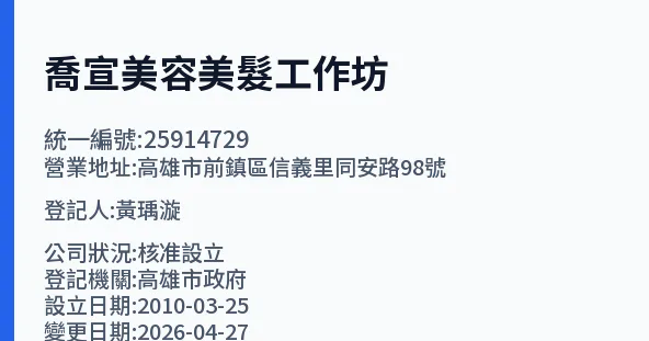 喬宣美容美髮工作坊的照片-統編 25914729(高雄市) 公司登記資料與營業項目詳細圖表