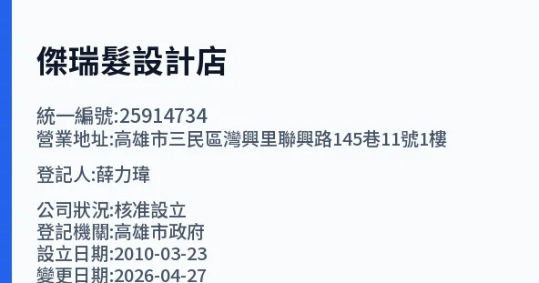 傑瑞髮設計店的照片-統編 25914734(高雄市) 公司登記資料與營業項目詳細圖表