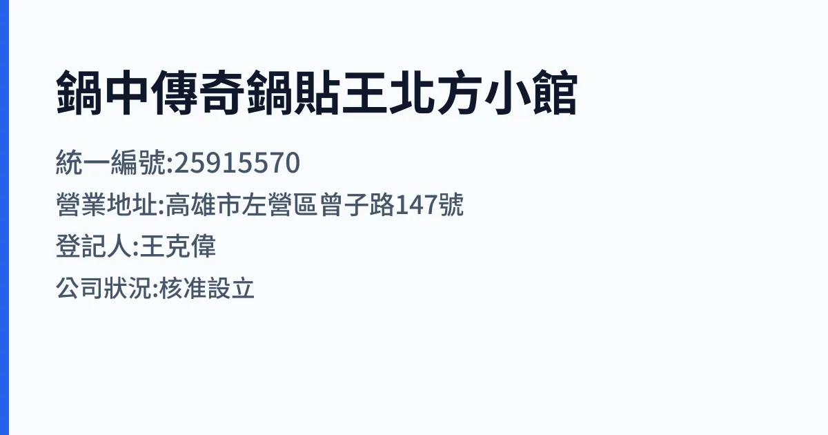 鍋中傳奇鍋貼王北方小館 - 統編 25915570(高雄市) 公司登記資料與營業項目詳細圖表