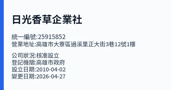 日光香草企業社的照片-統編 25915852(高雄市) 公司登記資料與營業項目詳細圖表
