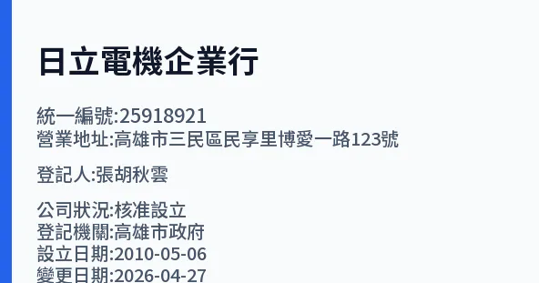 日立電機企業行的照片-統編 25918921(高雄市) 公司登記資料與營業項目詳細圖表