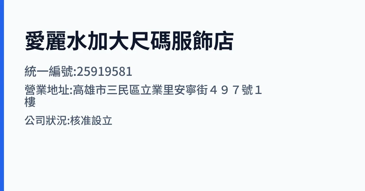 愛麗水加大尺碼服飾店 - 統編 25919581(高雄市) 公司登記資料與營業項目詳細圖表