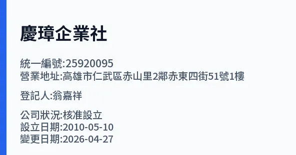 慶璋企業社的照片-統編 25920095(高雄市) 公司登記資料與營業項目詳細圖表