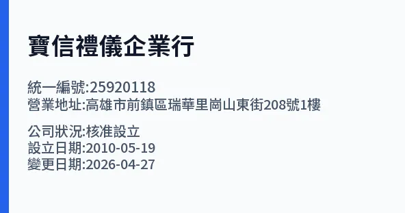 寶信禮儀企業行的照片-統編 25920118(高雄市) 公司登記資料與營業項目詳細圖表