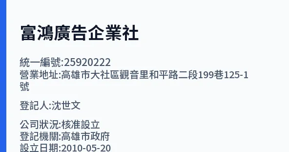 富鴻廣告企業社的照片-統編 25920222(高雄市) 公司登記資料與營業項目詳細圖表