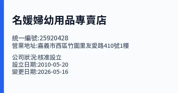 名媛婦幼用品專賣店的照片-統編 25920428(嘉義市) 公司登記資料與營業項目詳細圖表